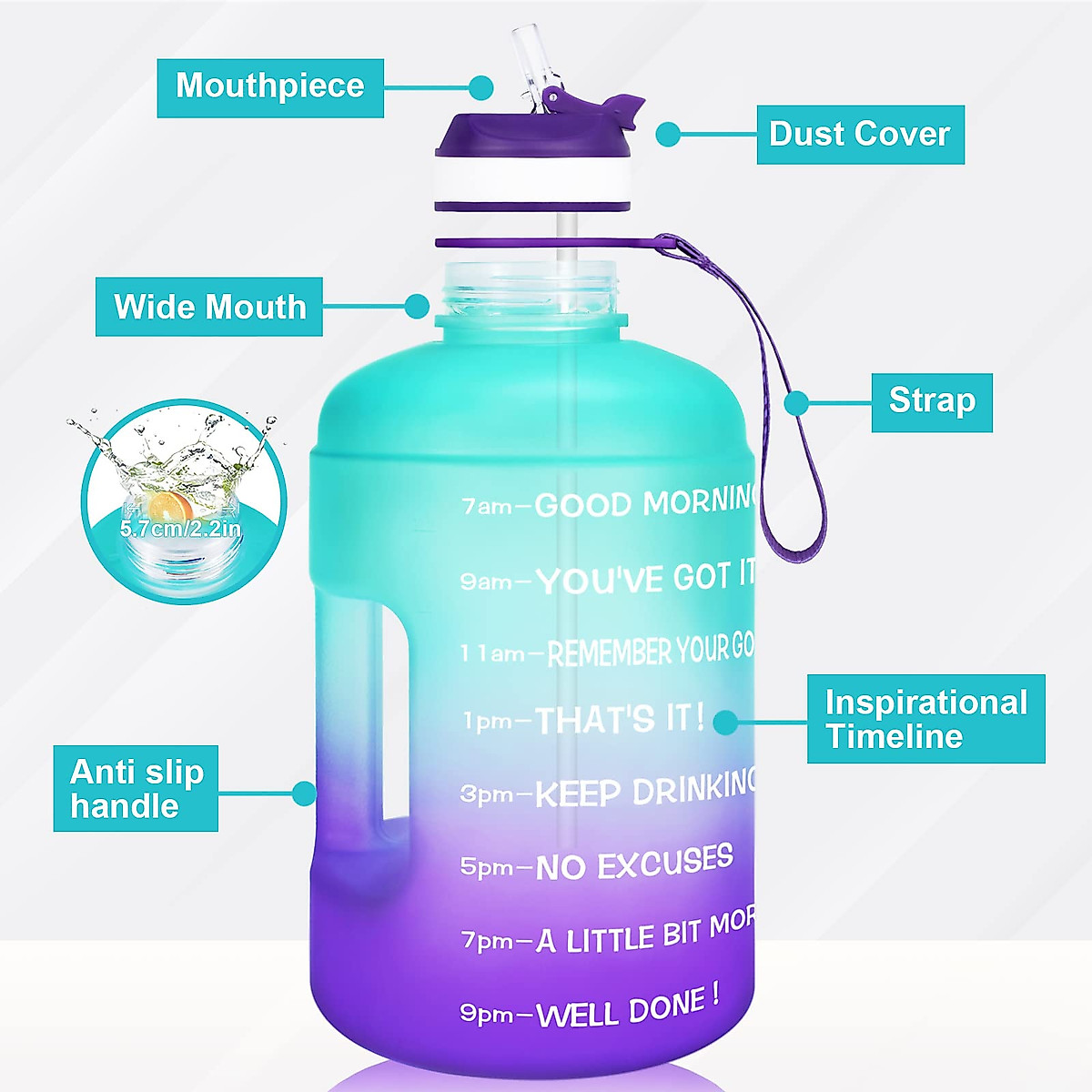 BuildLife 1 Gallon Water Bottle with Time Marker and Straw,Large Water Bottles with Times to Drink,BPA Free Gallon Water Jug- Motivational Water Bottle 1 Gallon(Green/Purple Gradient,1 Gallon)