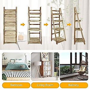 Babion Wood Ladder Shelf, 4-Tier Foldable Plant Shelf, Rustic Brown Indoor Plant Stand, Storage Rack Plant Stand for Home, Bedroom, Bathroom, Office, Industrial Style, Wooden Frame