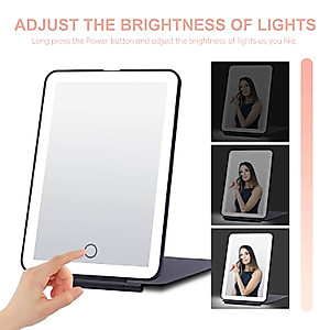 Foldable Double Sided Tabletop Mirror - Rechargeable Lighted Magnifying Mirror 10 X and 1X，3 Colors Light - Adjustable Foldable Handle for Makeup/Travel and Blackhead Removal.
