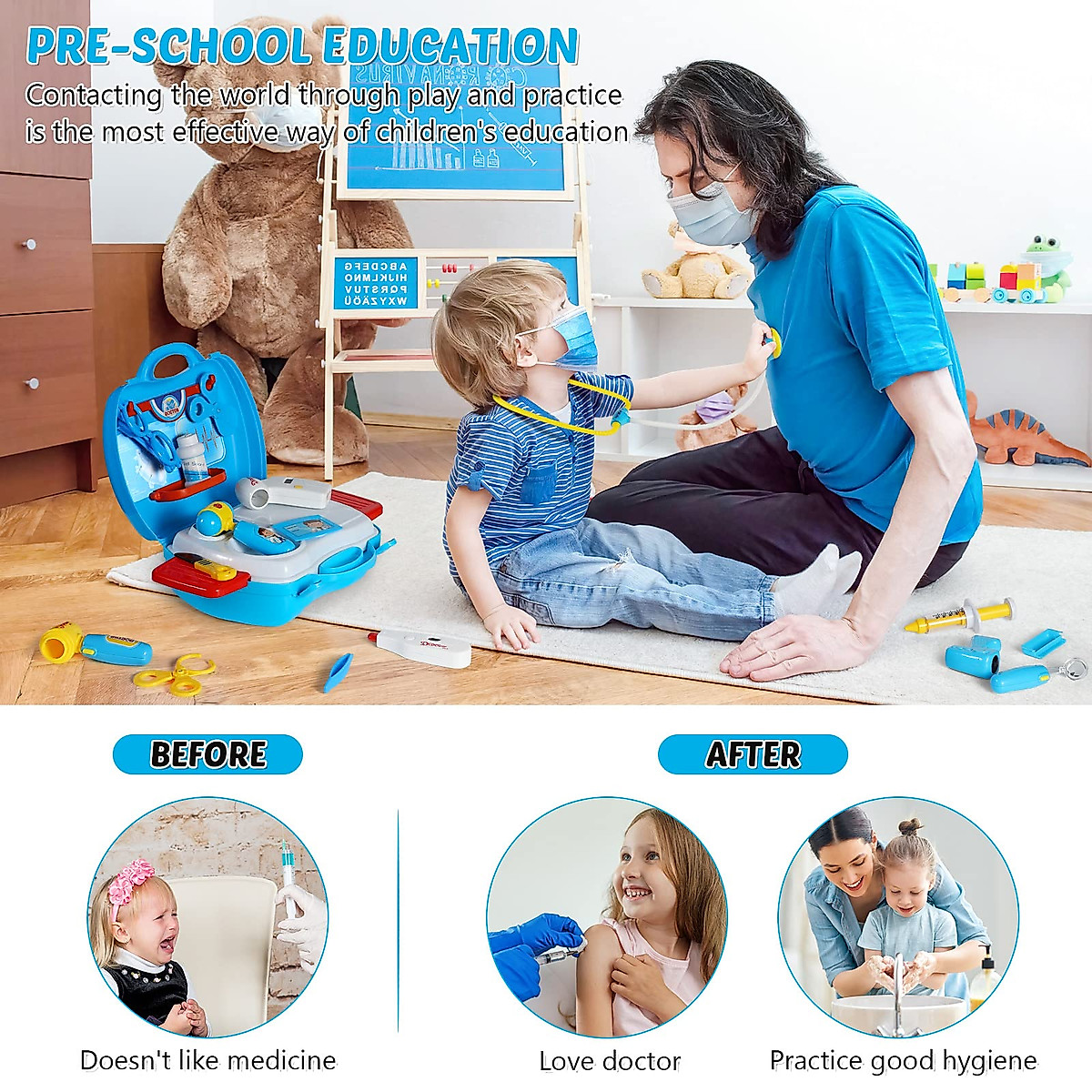 Toy Doctor Kit for Kids: 27Pcs Pretend Play Medical Doctor Playset with Carrying Case Electronic Stethoscope - Role Play Gift Educational Doctor Play Set for Toddler Boys Girls Ages 3 4 5 6