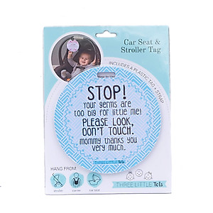 THREE LITTLE TOTS – Blue Stop Please Look Don't Touch Baby Car Seat Sign or Stroller Tag - CPSIA Safety Tested