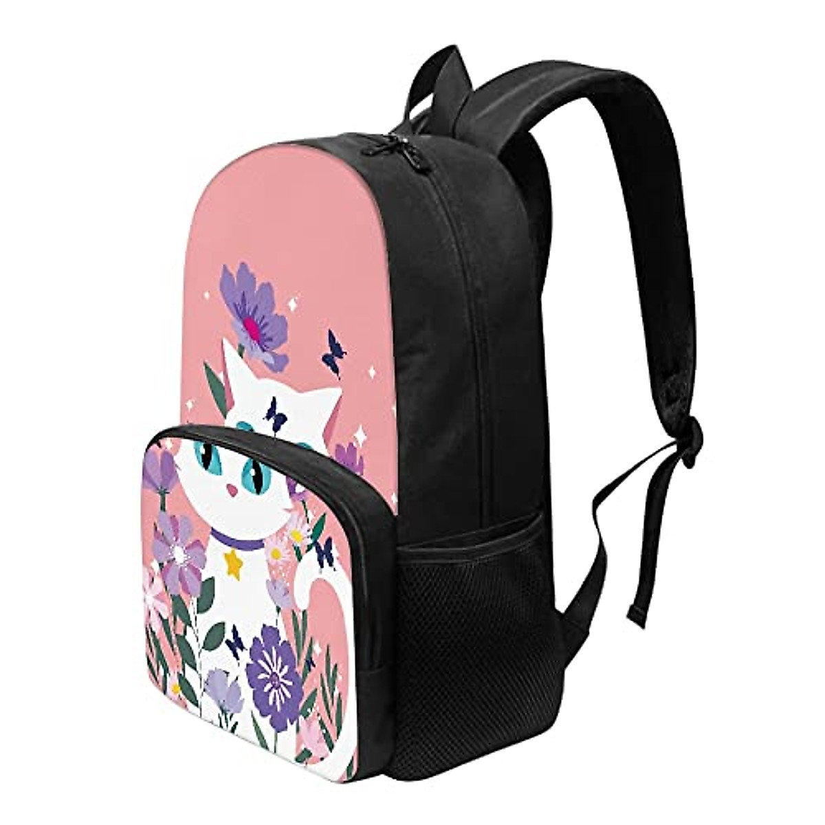 Kawaii White Cat Print Backpack Cute Floral Backpack Pink School Backpack Elementary or Middle School Lightweight Large Capacity Backpack Adjustable Shoulder Strap Bookbags for Girls Boys