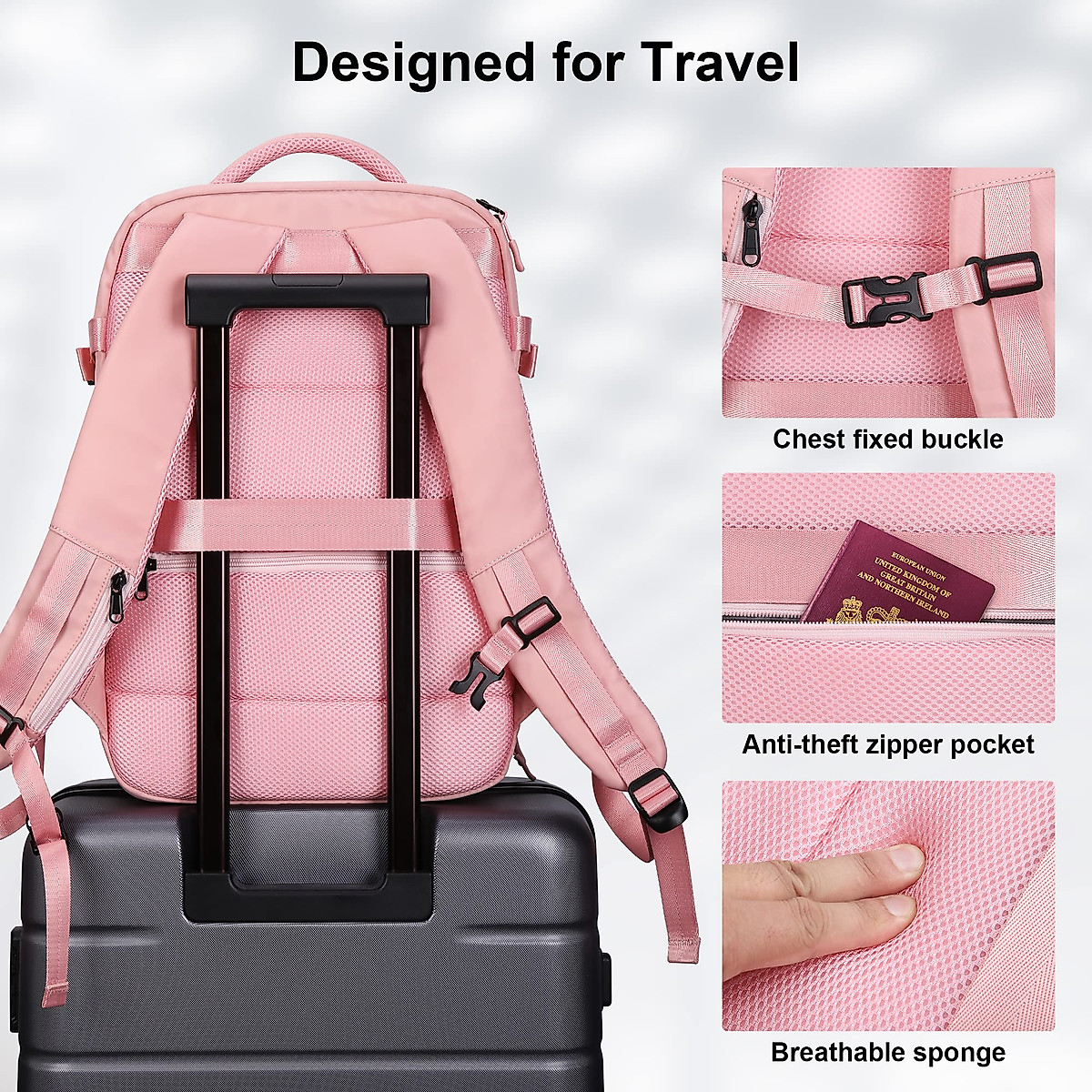 HOMIEE Travel Backpack for Women Airline Approved, 15.6 Inch Laptop Backpack Personal Item Size, Lightweight Carry On Nurse Bag, Pink