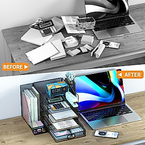 Desk Organizer, File Organizer for Desk with Vertical File Folder Holders, 4-Tier Paper Letter Tray with Sliding Drawer and Pen Holder, Desk Accessories & Workspace Organizers for Office School Home