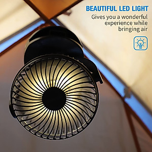 Battery Operated Camping Fan with Light, 5000mah Portable Clip On Fan, Personal Office Desk Fan For Travel Tent, Treadmill, 4 Speed, 35H, Hanging Hook, for Hurricane Emergency