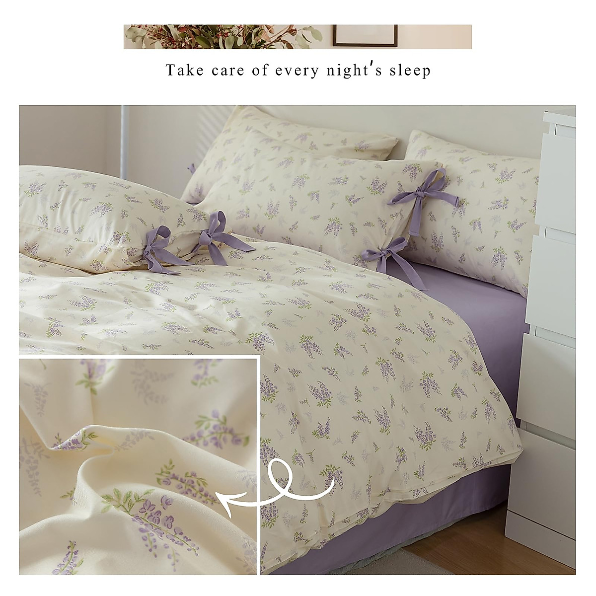Lilac Floral Comforter Set Full Purple Flower Comforter Set Garden Fluffy Cute Floral Bedding Comforter Set Vintage Botanical Comforter for Girls Women 1 Floral Comforter with 2 Bow Ties Pillowcases