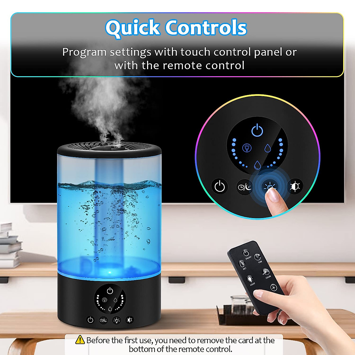 Cool Mist Humidifier, Ultrasonic Humidifiers for Bedroom Baby, 3L Large Humidifier w/ Remote Control, 7 Colors Night Light 6 Dimmer Adjustable Mist Levels, Timer, Auto Shut-Off for Large Room, Black