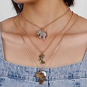 Ckecharfa Boho Rhinestone Layered Necklaces Gold Africa Map Necklaces Elephant Choker Egyptian Queen Necklace Beach Adjustable Neck Chain Jewelry Accessories for Women