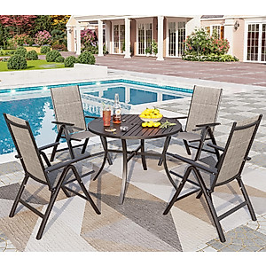 PHI VILLA 5 Piece Outdoor Dining Set, Round Patio Table and Chairs Set for 4, Patio Furniture Dining Set Aluminum with Adjustble Folding Padded Patio Chairs