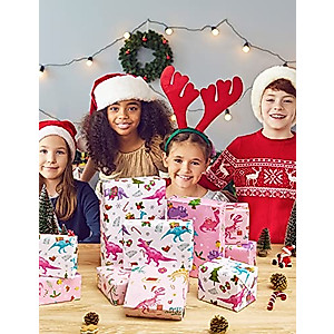 Christmas Dinosaur Wrapping Paper 10 Sheets 20" x 27" Pink Christmas Wrapping Paper Flat Fold Christmas Gift Wrap Paper Pink Girls Wrapping Paper Kids Dinosaur Gift Wrap Dino Birthday Wrapping Paper