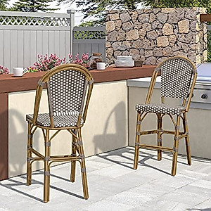 PURPLE LEAF French Bar Stools Set of 2 Bamboo Print Finish Patio Bar Stools with Back Rattan Bar Chairs Wicker Bar Height Stool 30" with Footrest Kitchen Island Stools Outdoor Barstool Grey