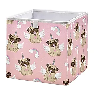 Unicorn Pug Dog Storage Baskets for Shelves Foldable Collapsible Storage Box Bins with Fabric Bins Cube Toys Organizers for Pantry Organizing Shelf Nursery Home Closet,11 x 11inch