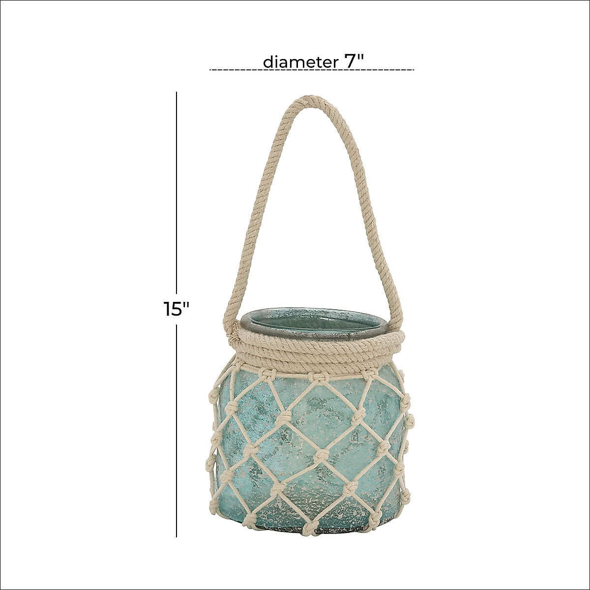 Deco 79 Glass Indoor Outdoor Candle Lantern Decorative Lantern Candle Holder with Rope Handle, Lantern 7" x 7" x 15", Blue