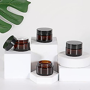 1 oz Amber Round Glass Jars with Plastic Lids and Inner Liners,Empty Cosmetic Bottles For Beauty Products, Lotion, Powders and Ointments.Set of 15 Pack.