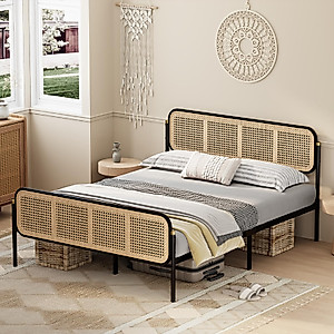 VOPEAK Rattan Bed Frame Full Size with Headboard, Boho Bed Frame, Full Bed Frame with Strong Metal Slats Support, Easy Assembly Mattress Foundation, Noise Free, No Box Spring Needed, Black