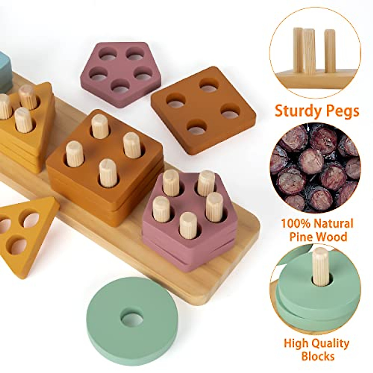 Montessori Toys for 1 Year Old Baby Boy Girl, Wooden Blocks & Stacking Toys for Toddler, Color Recognition Shape Sorter Educational Wooden Toys for Kids 1 2 3 4 year old Preschool Learning Puzzle Gift