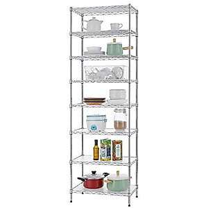 Finnhomy 8-Tier Wire Shelving Unit, Adjustable Pantry Shelves, 8 Shelves Metal Shelving for Storage, Wire Storage Racks or Two 4-Tier Shelving Units with 8 Pieces of PE mat, NSF Certified, Chrome