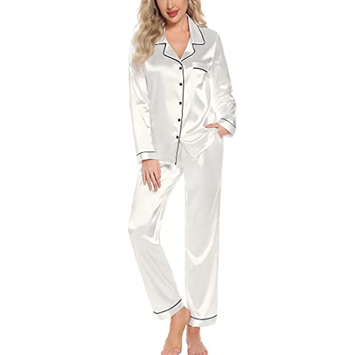 Leikar Silk Satin Pajamas Long Sleeve Pajama Sets For Women Soft Bride Pajamas Sleepwear White