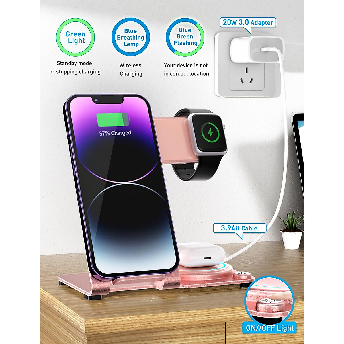 Malfsaier 3 in 1 Charging Station Pink,Aluminum Alloy Multiple Fast Wireless Charger Stand for iPhone 15/14/13/12/11/Pro/Max/XS/XR/X/8/Plus, for Apple Watch 7/6/5/4/3/2/SE, for AirPods 3/2/Pro