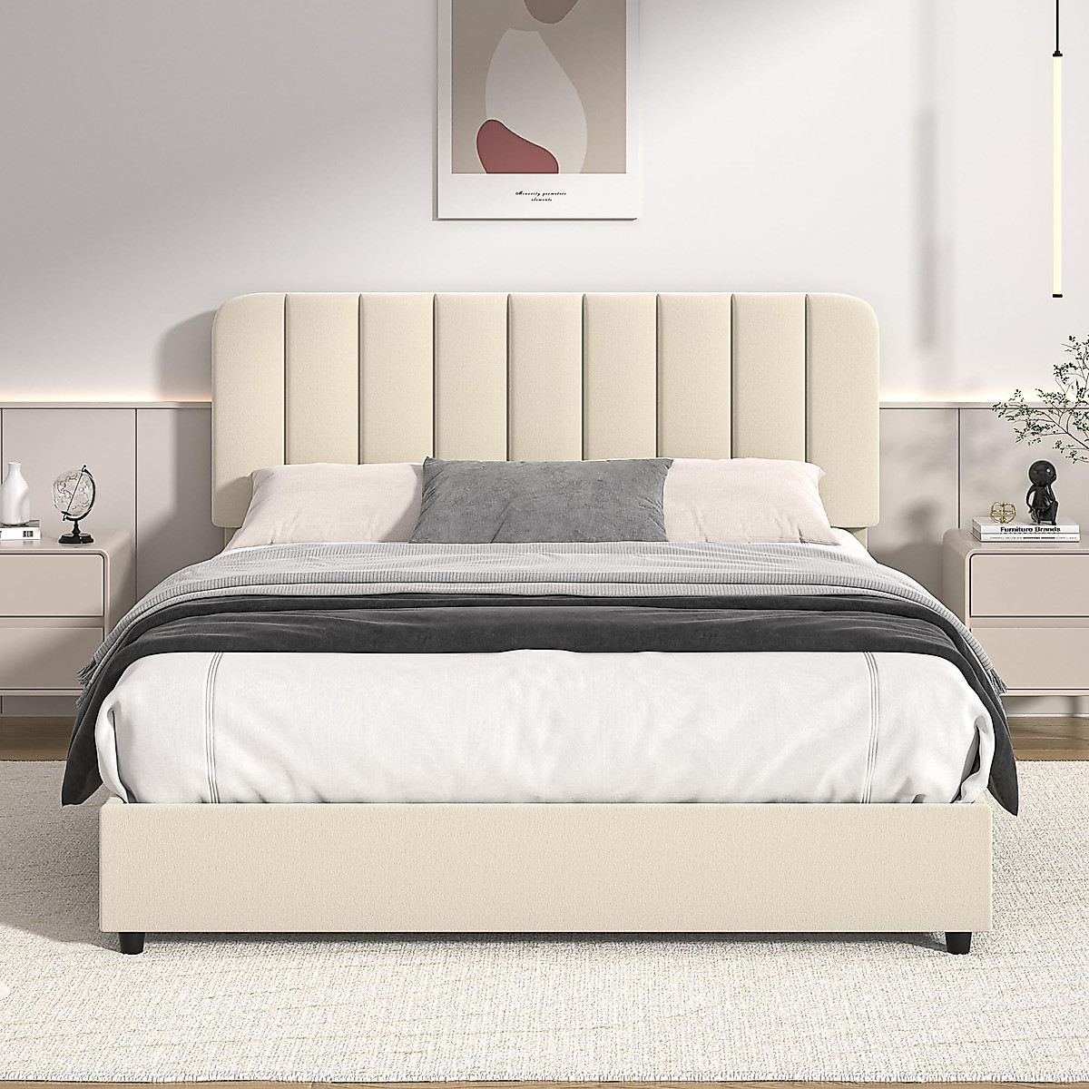 VECELO Queen Size Upholstered Bed Frame with 4 Drawers and Adjustable Headboard, Velvet Platform Storage Bedframe Mattress Foundation, Wooden Slats Support, No Box Spring Needed, Beige