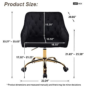 Recaceik Modern Velvet Home Office Chair, Adjustable Leisure Swivel Desk Chairs with High Back 360 Degree Castor Gold Wheels for Living Room/Bedroom/Office