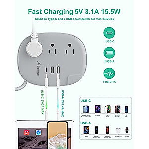 USB C Travel Power Strip,Alitayee Portable Power Strips with 3 Outlets 3 USB Ports Fast Charge, USB Extension Cord with Flat Plug and 3ft Wrapped Around Extension Cord for Cruise Travel Home Office