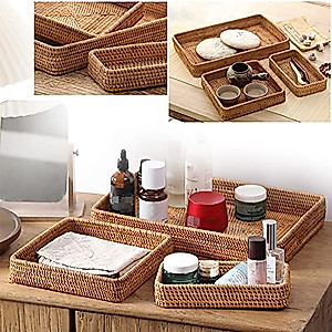 Hipiwe Large Rattan Serving Tray, Handwoven Wicker Basket Organizer Tray, Rectangle Tabletop Breakfast Drinks Snack Fruit Storage Platter Tray for Dining, Coffee, Home Decor (Set of 3)