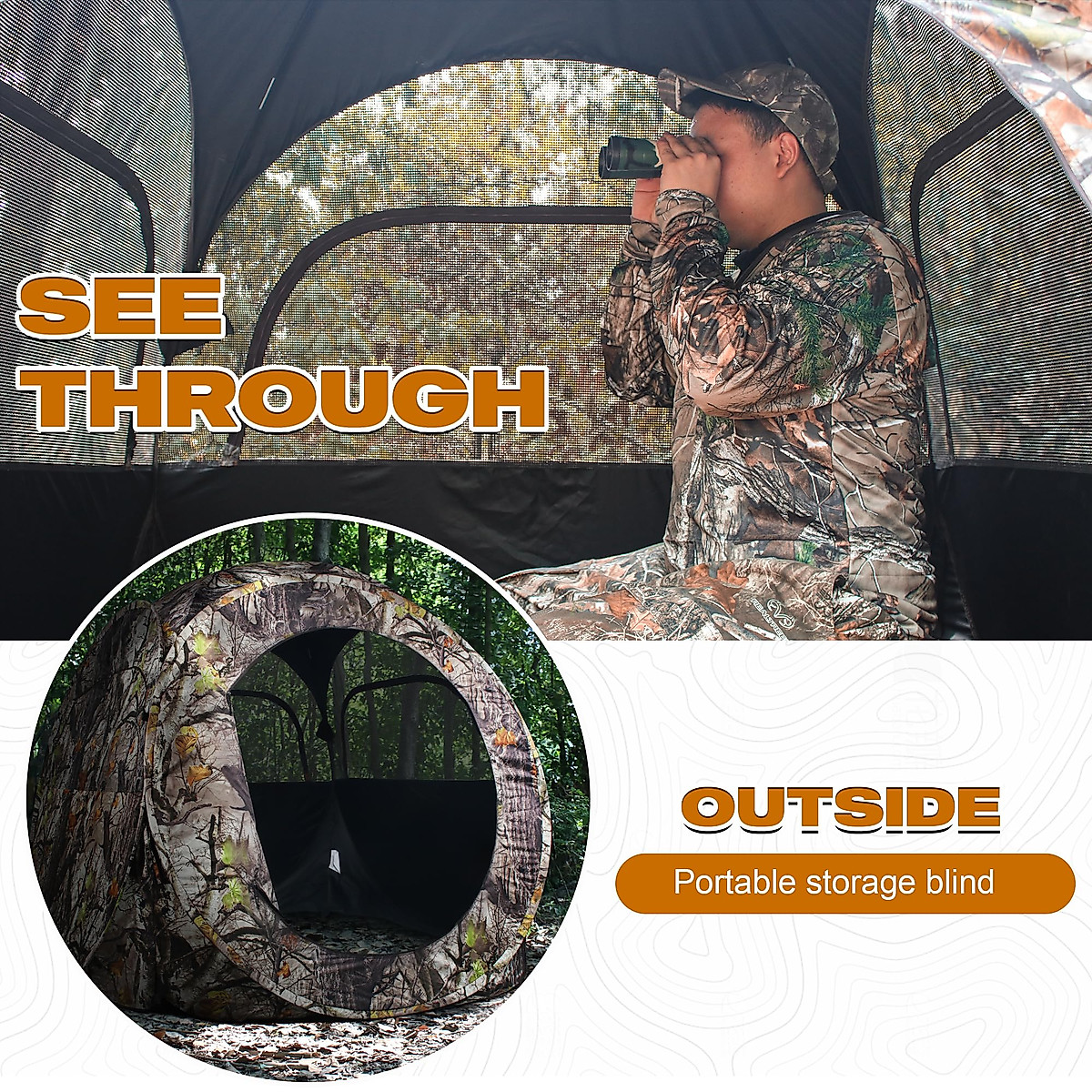 Hunting Blind 1 Person, 270 Degree See Through Pop up Ground Blinds for Deer Turkey Duck Hunting, Bow Hunting Accessories, Double Side Zipper Window(Camouflage-White)