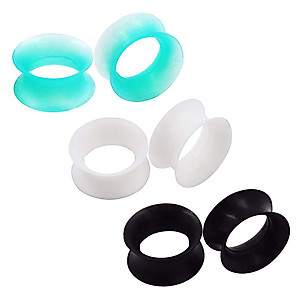 Longbeauty 3 Pairs Black/Luminous/Turquoise Thin Silicone Double Flared Flexible Tunnels Ear Skin Stretcher Plugs Gauges Kit Piercing