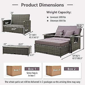 Tangkula Patio Rattan Daybed Set, Wicker Loveseat Sofa w/Multipurpose Ottoman & Retractable Side Tray, 4-Level Adjustable Backrest, Footstool w/Storage, Seat & Back Cushion Included (Gray)