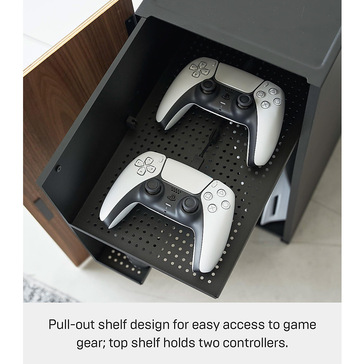 Yamazaki Home Tower Large Capacity Game Console Rack – Organize Controllers, Pull-Out Shelf, Cable Management - Steel