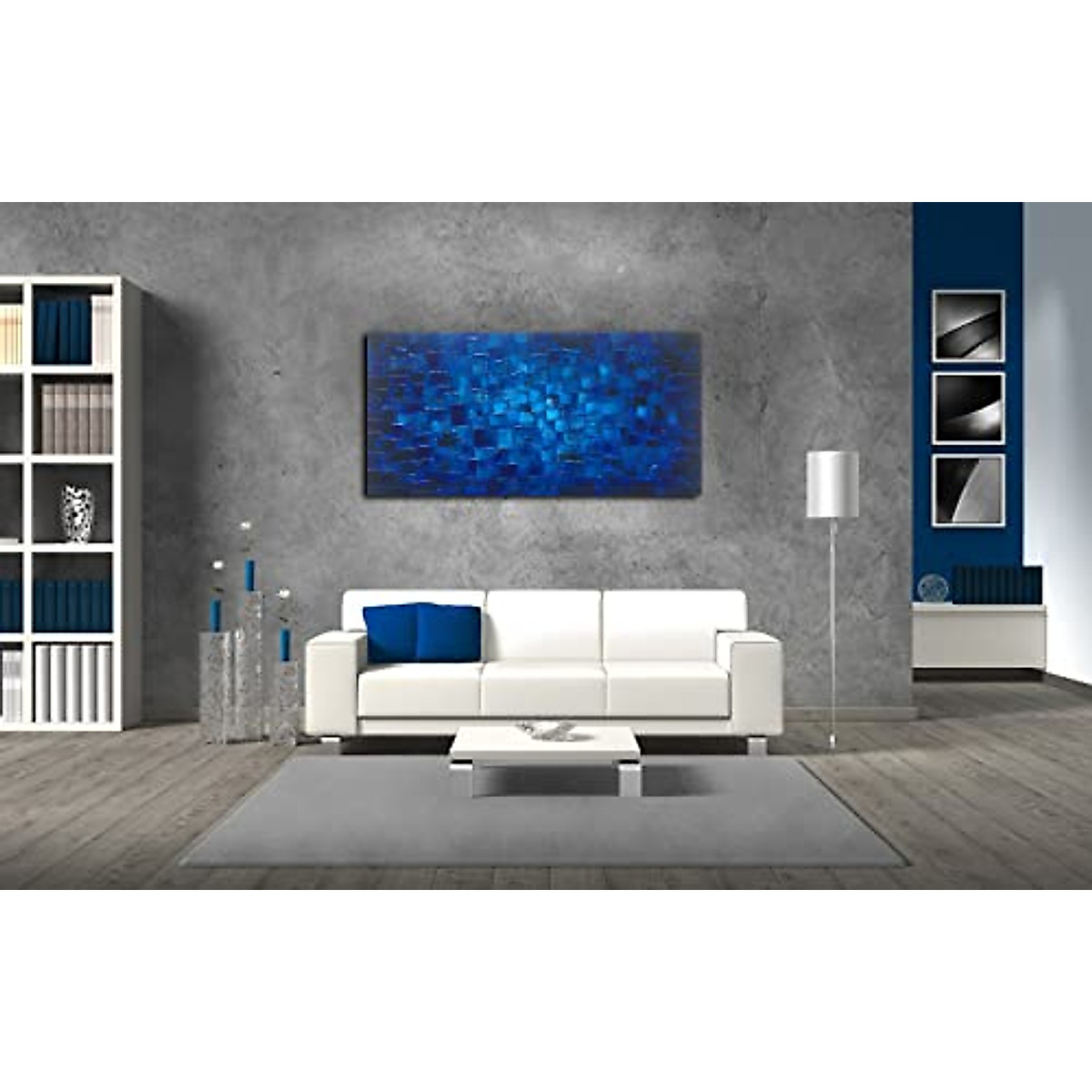 Gongyuanyihao Arts Modern Textured Abstract Squares Canvas Wall Art Hand Painted Artwork Dark Blue Oil Painting Picture for Home Decoration Framed Ready to Hang 48x24inch