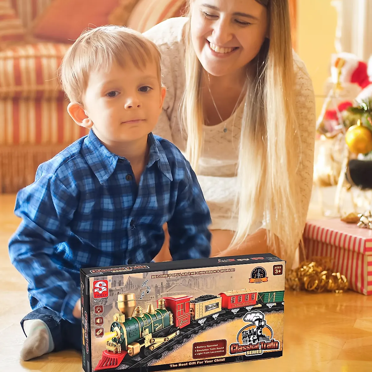 Train Set - Christmas Train Toys, Battery-Powered Locomotive Engine with Sound and Lights, Cargo Cars & 10 Tracks, Toy Train Sets for Boys Age 3 4 5 6