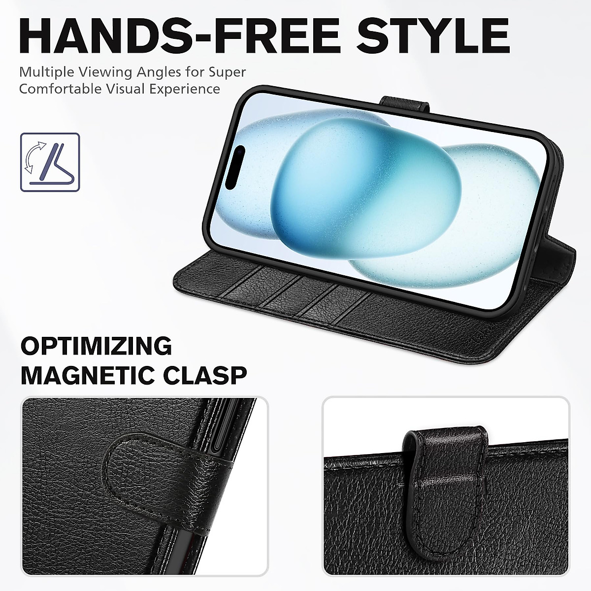 TUCCH Case for iPhone 15 Wallet Case, Kickstand [RFID Blocking] 4 Card Slots Protective TPU Interior Case, PU Leather Magnetic Shockproof Flip Cover Compatible with iPhone 15 6.1" 2023, Textured Black