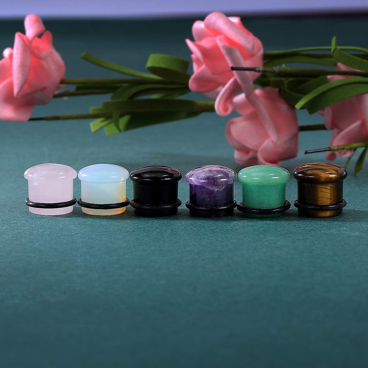 ZS 6 Pairs Mixed Stone Single Flare Ear Plugs Gauges Tunnels Expander with Silicone O-Ring (Gauge=4g(5mm))