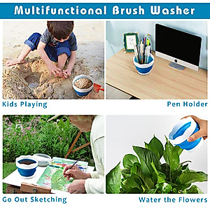 Fivtyily Portable Collapsible Paint Brush Washer with Brush Holder Silicone Washing Bucket for Watercolor Acrylic Oil Painting (Blue)