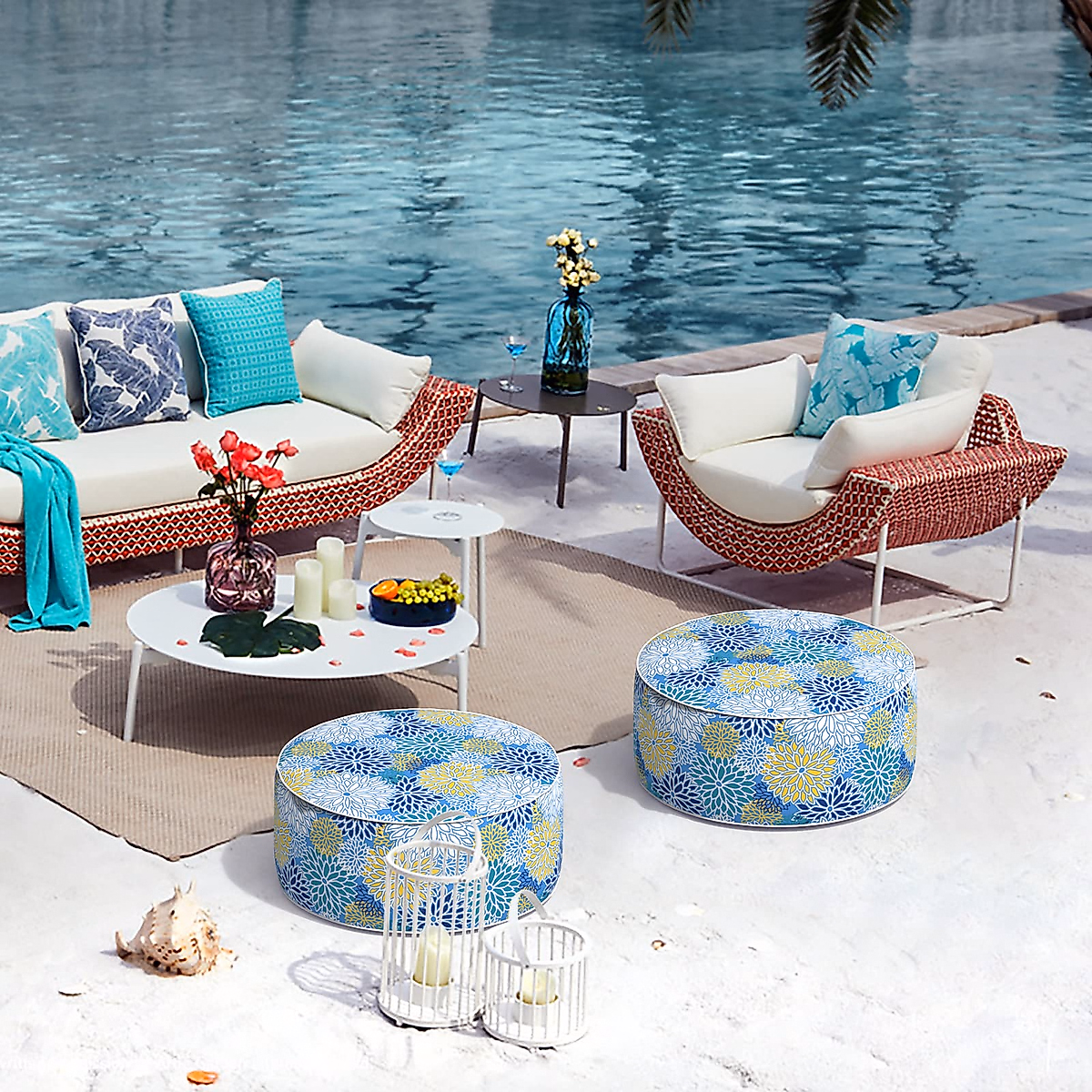 TWLEAR Indoor/Outdoor Inflatable Ottoman D21 x H9 inch, Round Footstool Inflatable Foot Rest Ottoman with Handle, Portable Ottoman Pouf for Patio, Garden, Camping, Home, Dahlia Blue