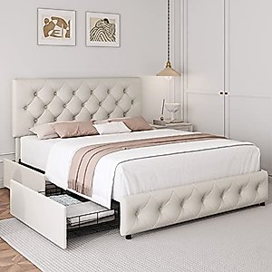 Queen Bed Frame with 4 Storage Drawers and Adjustable Headboard, Upholstered Platform Bed with Button Tufted Design, Strong Wooden Slats Support, No Box Spring Needed, Fabric, Cream