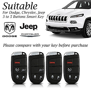 Vitodeco Genuine Leather Smart Key Keyless Remote Entry Fob Case Cover with Key Chain for JEEP, Dodge, Chrysler (5 Buttons, Black/Red)