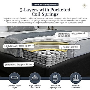 Twin Size Mattress - 12 Inch Cool Memory Foam & Spring Hybrid Mattress with Breathable Cover - Comfort Tight Top - Rolled in a Box - Oliver & Smith