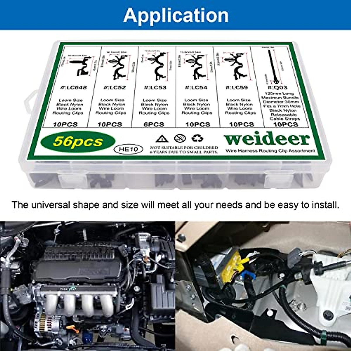 weideer 56Pcs Car Wire Harness Routing Clip Assortment Kit - 6 Different Sizes Universal Wiring Harness Routing Clip Replacement Parts