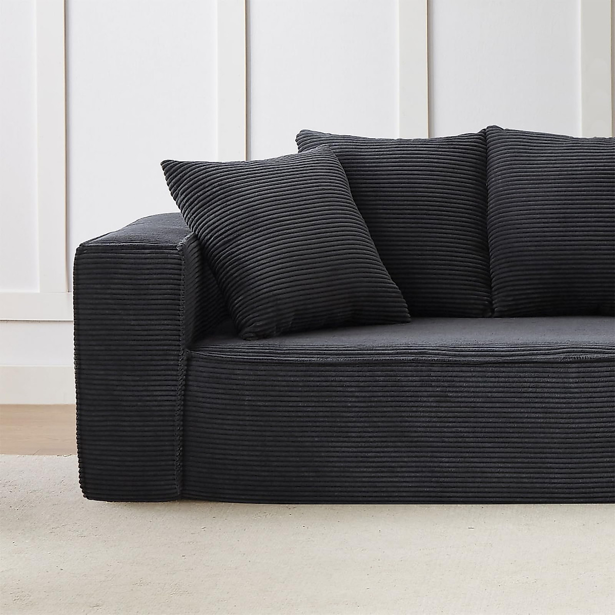 KEVINSPACE 89''Modern Sofa Couch for Living Room 3 Seater Comfy Sofa Corduroy Sofa Couches with 5 Pillows, All-Foam Sofa, NO Frame. No Assembly Required Sofa for Small Space, Apartment Black 22'' H