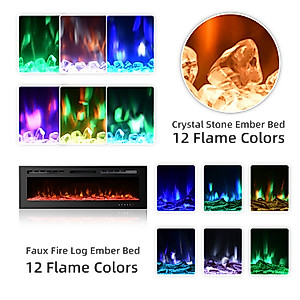 EROMMY 60 in Electric Fireplace Insert,Recessed and Wall Mounted Fireplace with Timer, Free Standing, Remote Control, Touch Screen, Overheating Protection, Log&Crystal, 9 Adjustable Flame, 750/1500W