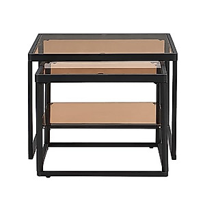 Modern Nested Coffee Table Set with High-Low Combination Design,Adjustable 2 Tier Living Room Center Table and end Table with Metal Frame and Brown Tempered Glass. (Black~Metal Frame)