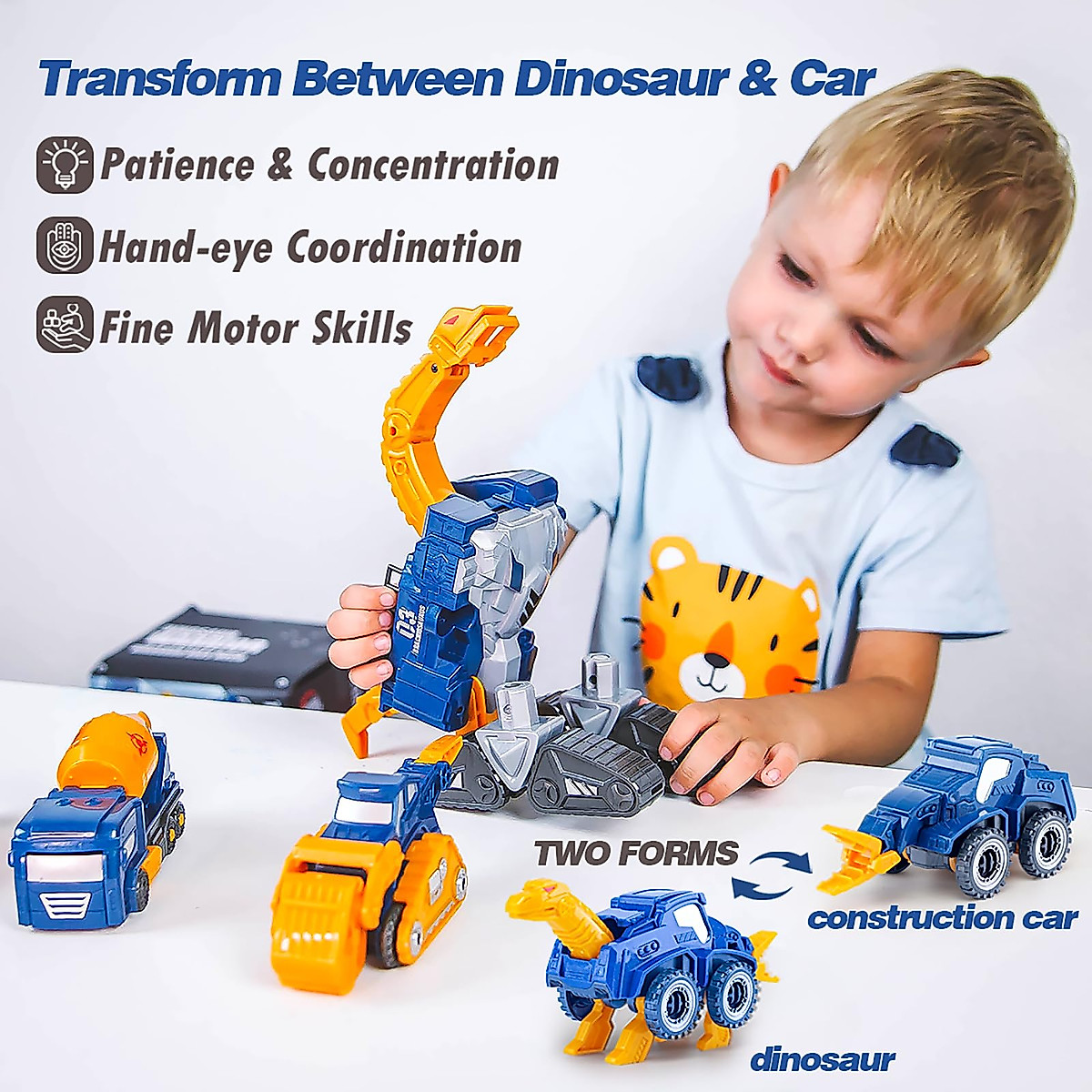 Toddler Construction Car Transform Set, 5pcs Dinosaur Rescue Robot with Magnetic Connectors, Assemble Building Trucks DIY STEM Toy, Holiday Birthday Present for Kids Boy Girl 3 4 5 6 7 Year