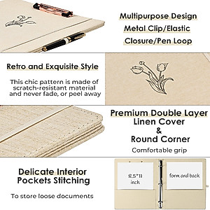 EYROZILL 3 Ring Binder, 1 Inch Linen Binder Organizer for Letter Size (8.5" x 11") with 5 Tab Dividers, File Folder Labels and Low Profile Clipboards, School and Office Supplies- Tulip White