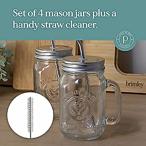 brimley 16oz Glass Mason Jar with Lid and Straw Set of 4 - Mason Jars with Handle for Cold Drinks - Glass Mason Jars with Metal Mason Jar Lids with Straw Hole and Stainless Steel Straws
