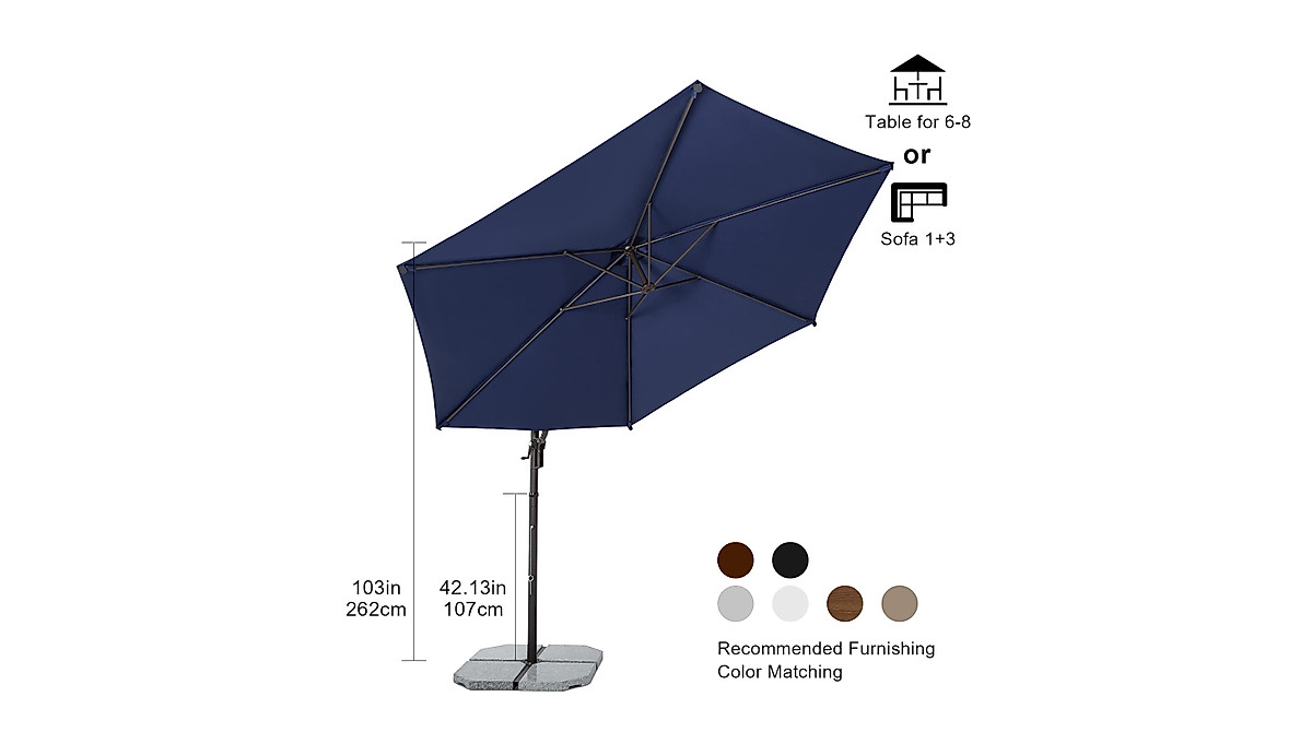 Tempera 10ft Deluxe Cantilever Umbrella, Offset Umbrella with 360° Rotation, 3-year Nonfading ...