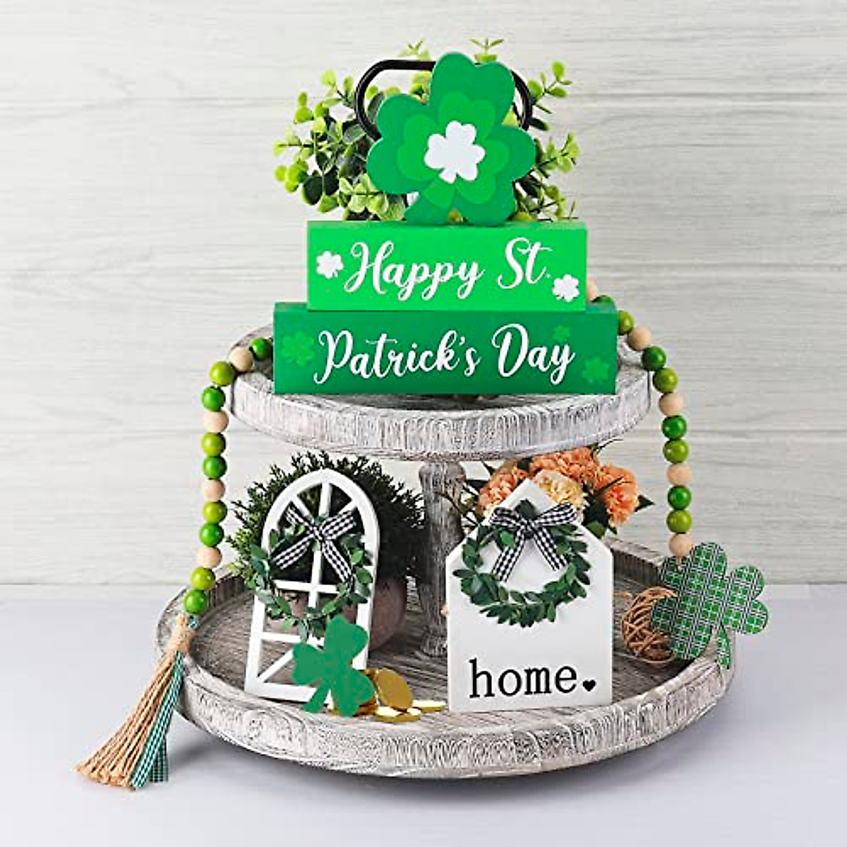 Happy St Patrick's Day Wooden Table Decorations and Happy Easter Centerpiece with Colorful Bunny and Eggs Signs