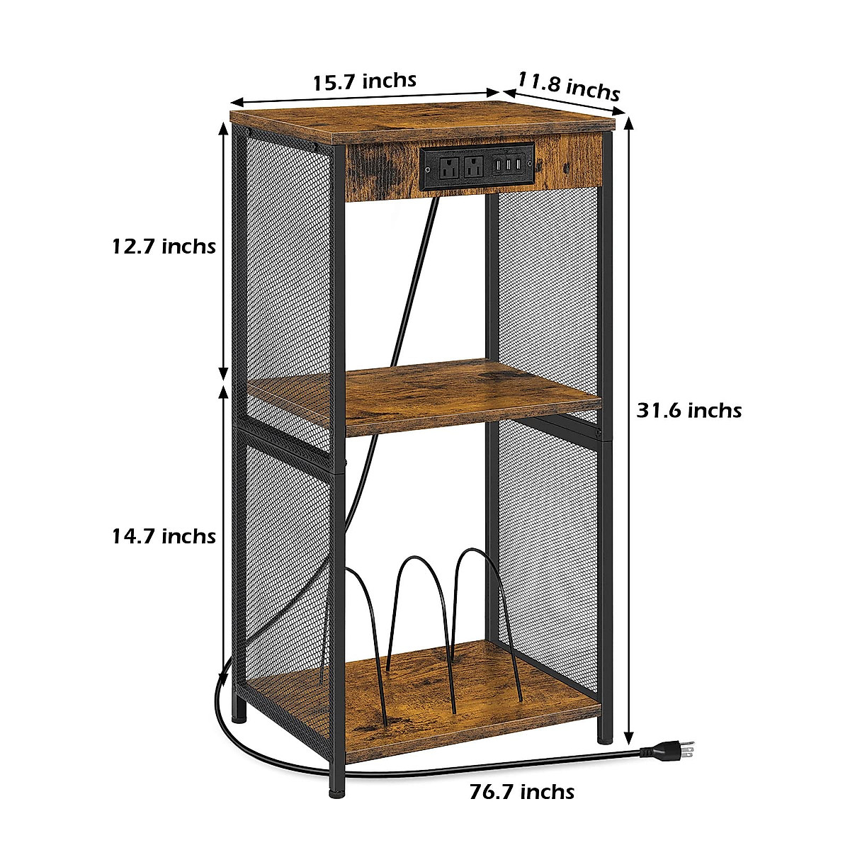 ETELI Record Player Stand with Album Storage Vinyl Record Storage Table with Power Outlet 3 Tier Turntable Stand Industrial Side Table for Living Room Bedroom Office, Brown